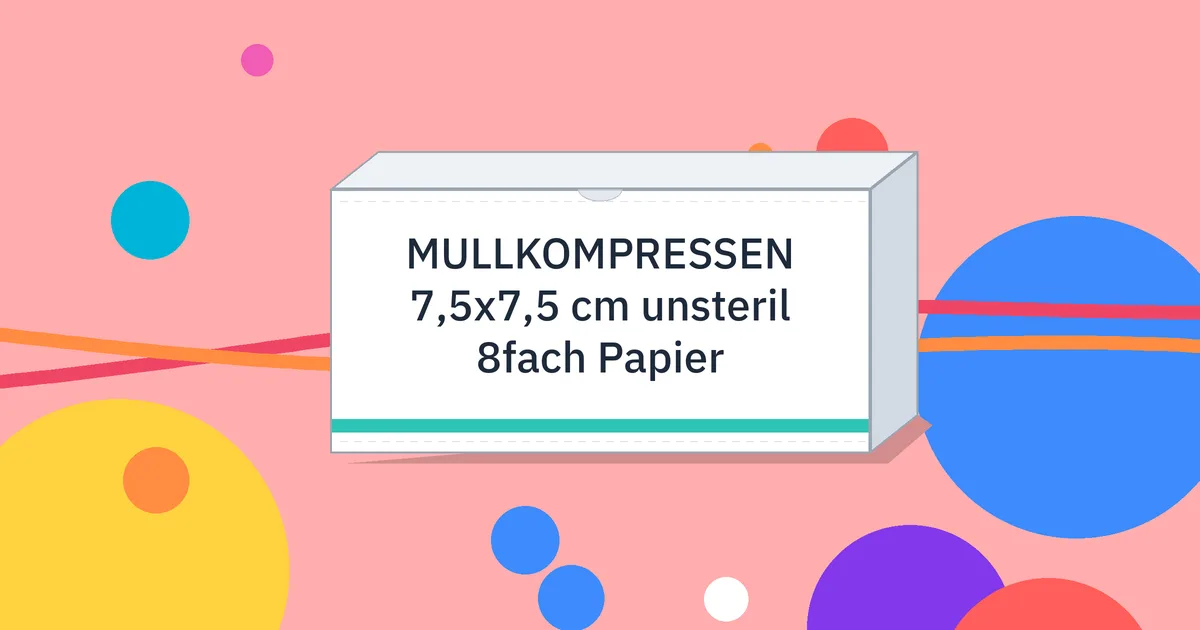Symbolbild: Packung mit der Aufschrift MULLKOMPRESSEN 7,5x7,5 cm unsteril 8fach Papier (PZN 01596377) – Verfügbarkeit und Bezug in Apotheken in Frankfurt am Main