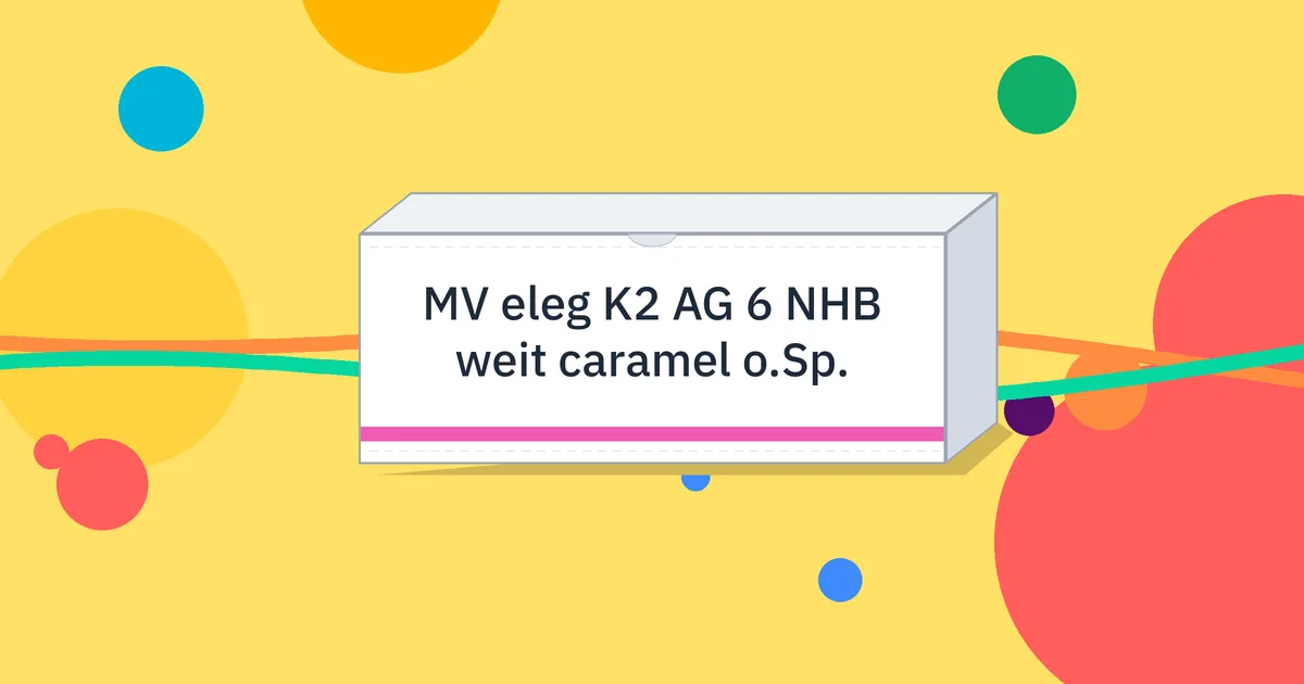 Symbolbild: Packung mit der Aufschrift MV eleg K2 AG 6 NHB weit caramel o.Sp. (PZN 15729310) – Verfügbarkeit und Bezug in Apotheken in Frankfurt am Main