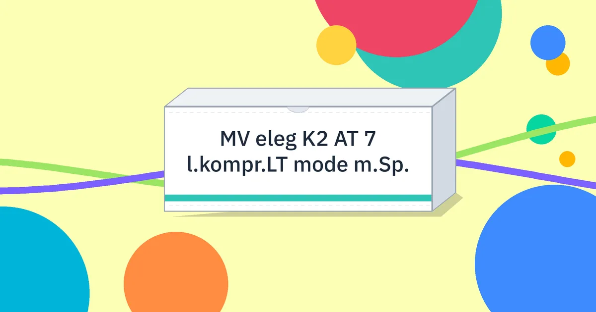 Symbolbild: Packung mit der Aufschrift MV eleg K2 AT 7 l.kompr.LT mode m.Sp. (PZN 06189576) – Verfügbarkeit und Bezug in Apotheken in Frankfurt am Main
