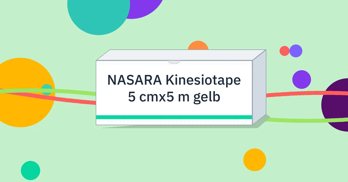 Symbolbild: Packung mit der Aufschrift NASARA Kinesiotape 5 cmx5 m gelb (PZN 02648248) – Verfügbarkeit und Bezug in Apotheken in Frankfurt am Main