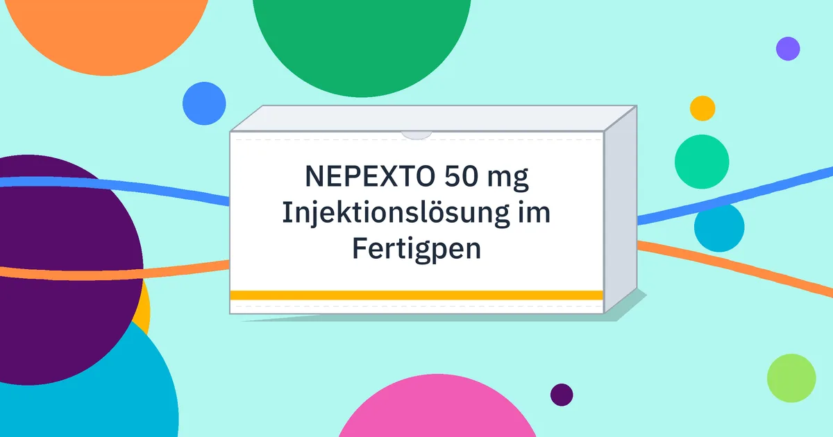 Symbolbild: Packung mit der Aufschrift NEPEXTO 50 mg Injektionslösung im Fertigpen (PZN 17518801) – Verfügbarkeit und Bezug in Apotheken in Frankfurt am Main