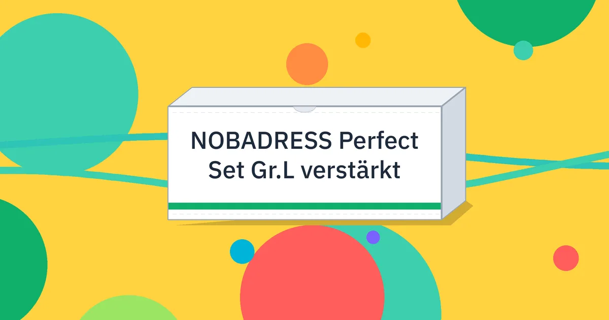 Symbolbild: Packung mit der Aufschrift NOBADRESS Perfect Set Gr.L verstärkt (PZN 04133850) – Verfügbarkeit und Bezug in Apotheken in Frankfurt am Main