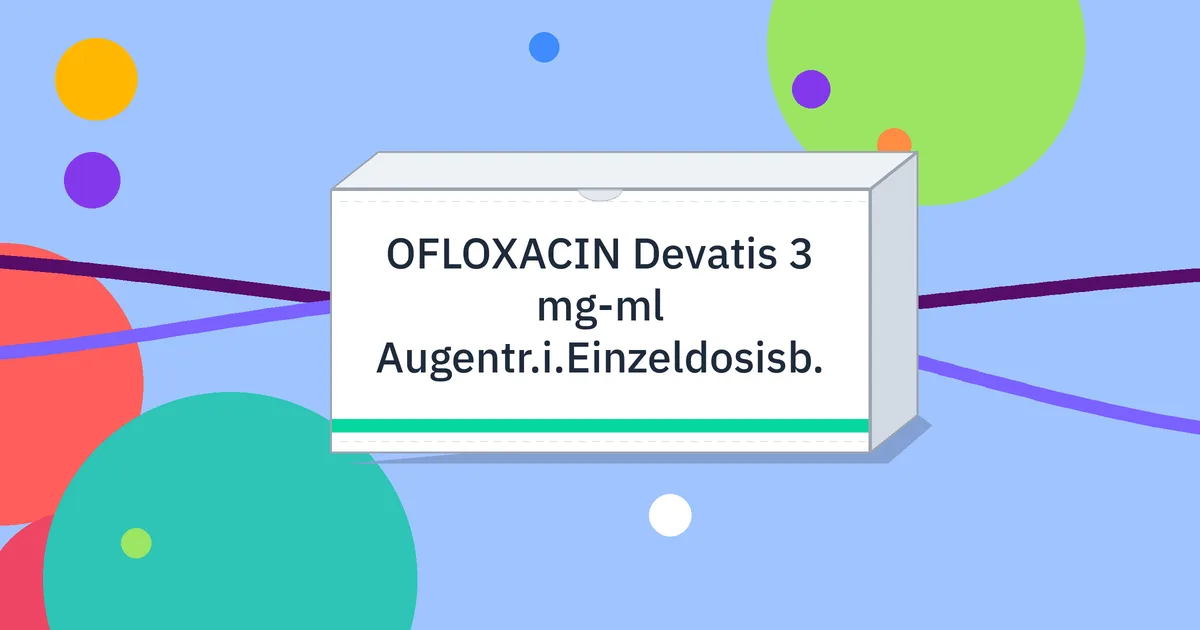 Symbolbild: Packung mit der Aufschrift OFLOXACIN Devatis 3 mg-ml Augentr.i.Einzeldosisb. (PZN 14251355) – Verfügbarkeit und Bezug in Apotheken in Frankfurt am Main
