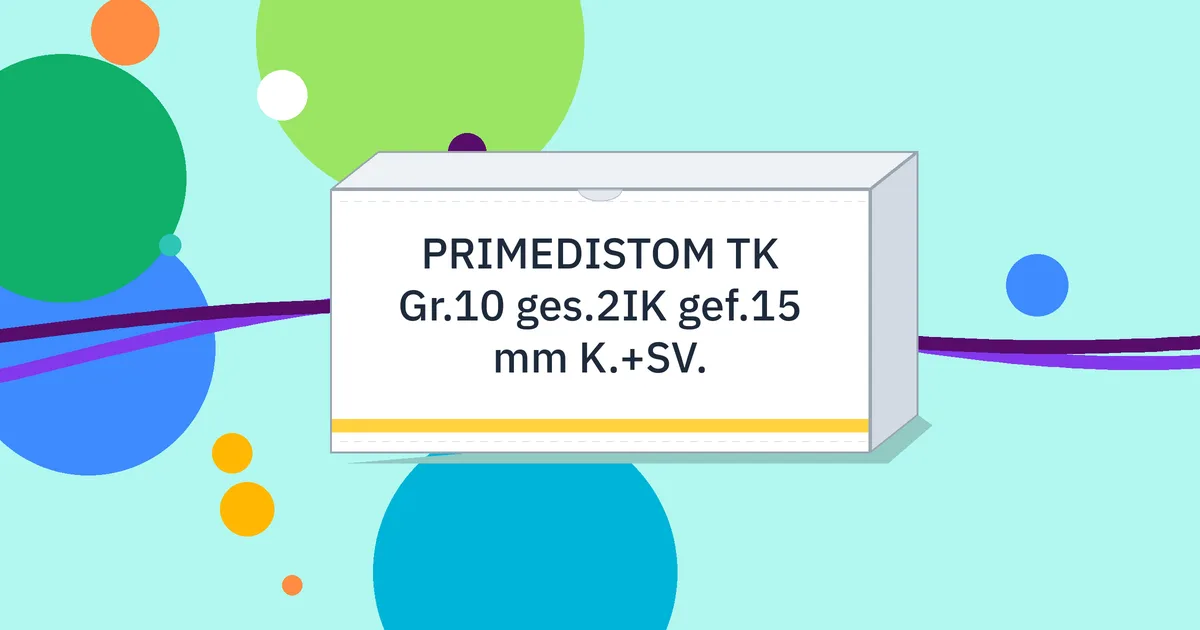 Symbolbild: Packung mit der Aufschrift PRIMEDISTOM TK Gr.10 ges.2IK gef.15 mm K.+SV. (PZN 10928275) – Verfügbarkeit und Bezug in Apotheken in Frankfurt am Main