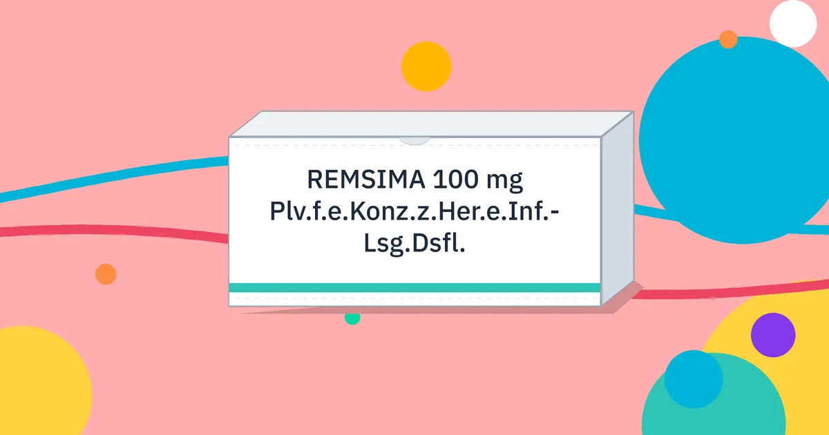Symbolbild: Packung mit der Aufschrift REMSIMA 100 mg Plv.f.e.Konz.z.Her.e.Inf.-Lsg.Dsfl. (PZN 15658113) – Verfügbarkeit und Bezug in Apotheken in Frankfurt am Main