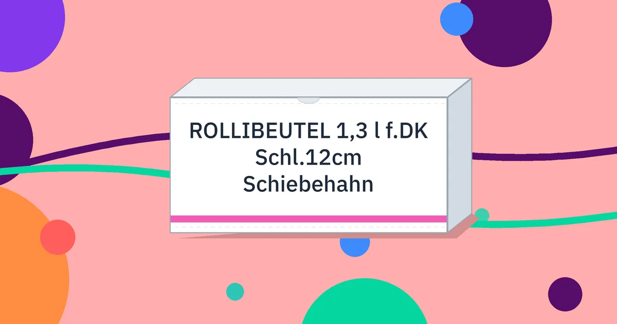 Symbolbild: Packung mit der Aufschrift ROLLIBEUTEL 1,3 l f.DK Schl.12cm Schiebehahn (PZN 01380849) – Verfügbarkeit und Bezug in Apotheken in Frankfurt am Main