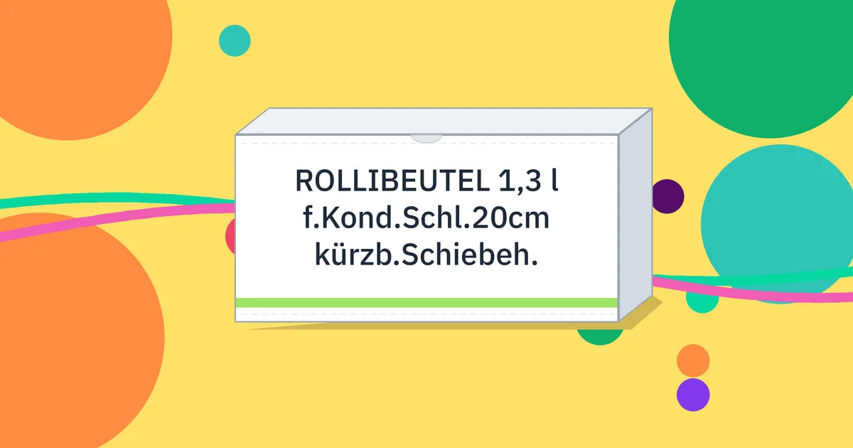 Symbolbild: Packung mit der Aufschrift ROLLIBEUTEL 1,3 l f.Kond.Schl.20cm kürzb.Schiebeh. (PZN 00634319) – Verfügbarkeit und Bezug in Apotheken in Frankfurt am Main