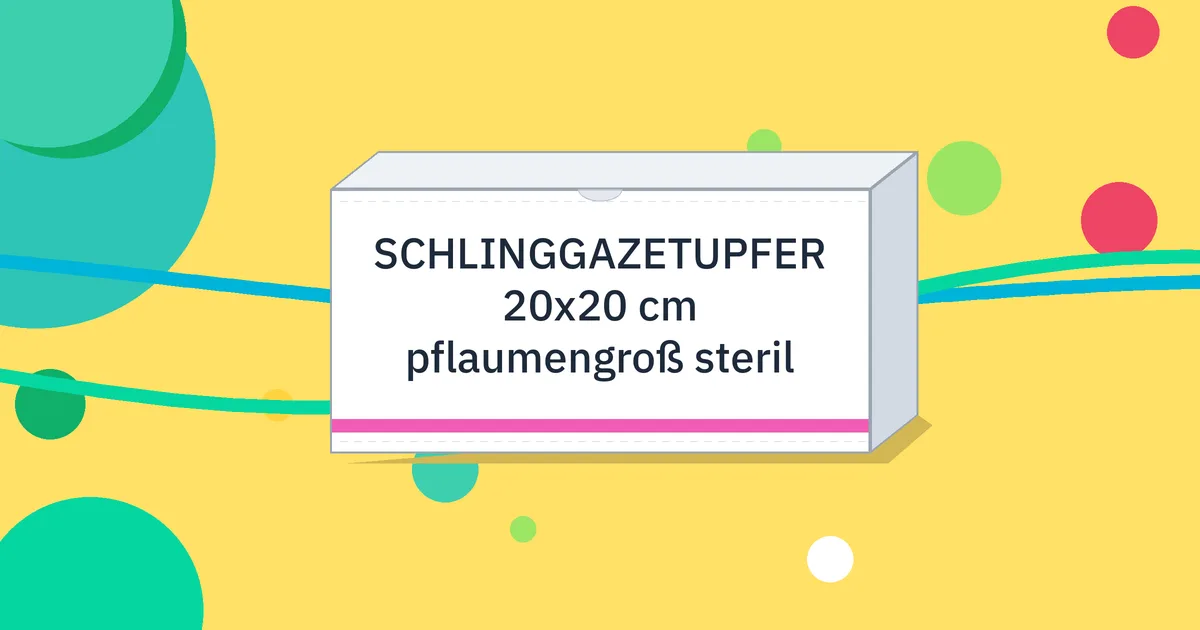 Symbolbild: Packung mit der Aufschrift SCHLINGGAZETUPFER 20x20 cm pflaumengroß steril (PZN 08821682) – Verfügbarkeit und Bezug in Apotheken in Frankfurt am Main