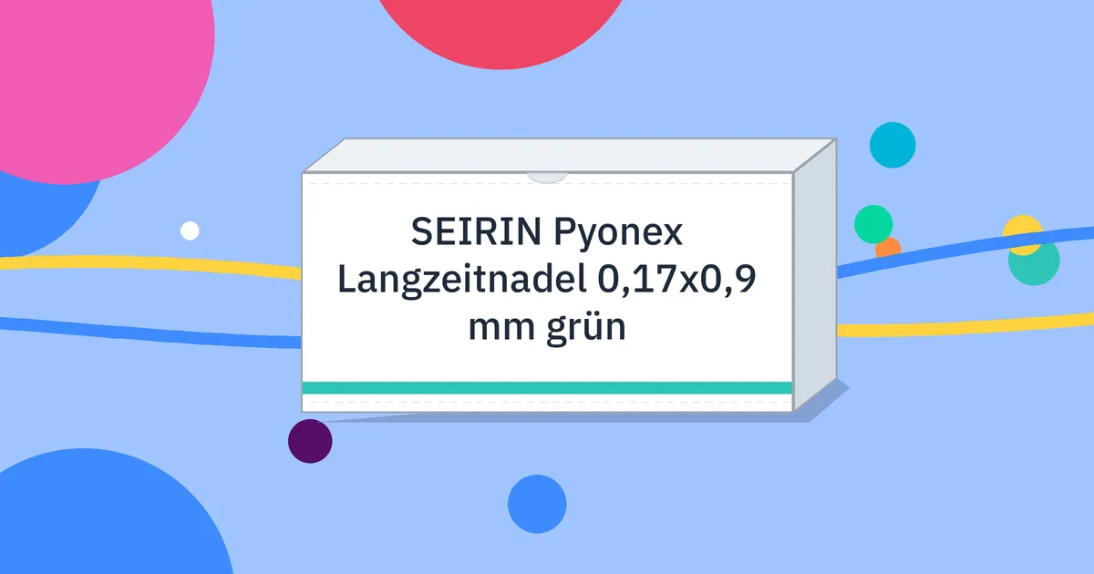 Symbolbild: Packung mit der Aufschrift SEIRIN Pyonex Langzeitnadel 0,17x0,9 mm grün (PZN 16034461) – Verfügbarkeit und Bezug in Apotheken in Frankfurt am Main