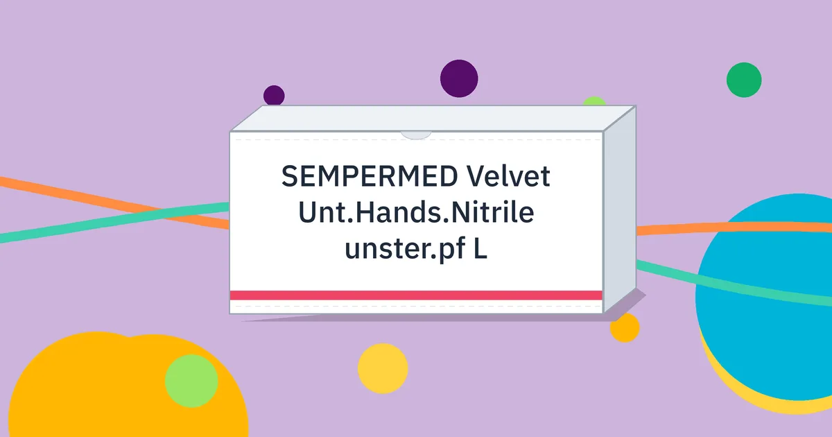 Symbolbild: Packung mit der Aufschrift SEMPERMED Velvet Unt.Hands.Nitrile unster.pf L (PZN 19971321) – Verfügbarkeit und Bezug in Apotheken in Frankfurt am Main