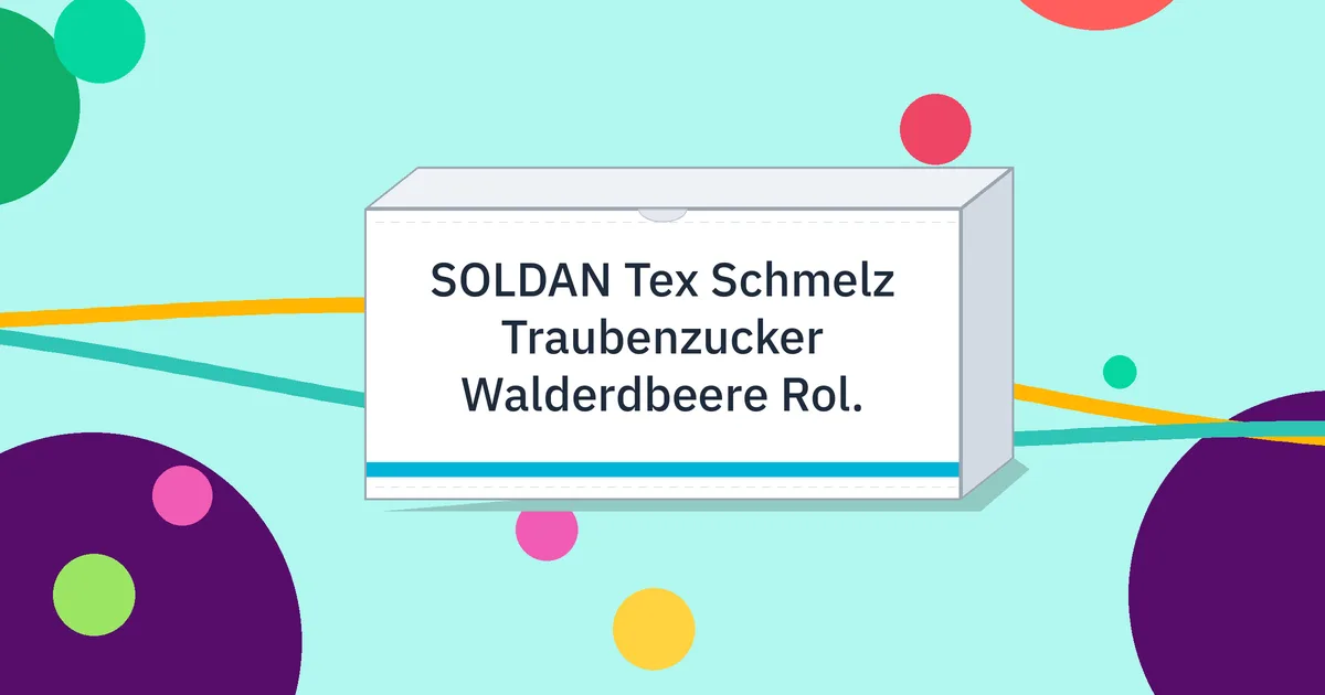 Symbolbild: Packung mit der Aufschrift SOLDAN Tex Schmelz Traubenzucker Walderdbeere Rol. (PZN 06990618) – Verfügbarkeit und Bezug in Apotheken in Frankfurt am Main