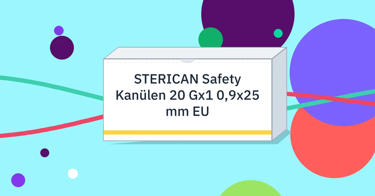 Symbolbild: Packung mit der Aufschrift STERICAN Safety Kanülen 20 Gx1 0,9x25 mm EU (PZN 13353912) – Verfügbarkeit und Bezug in Apotheken in Frankfurt am Main