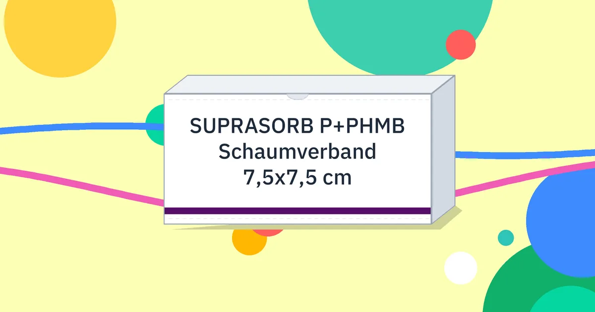 Symbolbild: Packung mit der Aufschrift SUPRASORB P+PHMB Schaumverband 7,5x7,5 cm (PZN 16753345) – Verfügbarkeit und Bezug in Apotheken in Frankfurt am Main