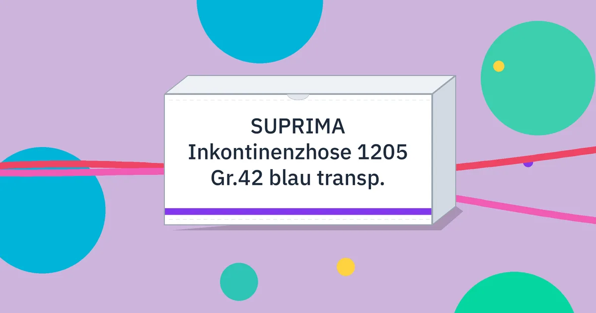 Symbolbild: Packung mit der Aufschrift SUPRIMA Inkontinenzhose 1205 Gr.42 blau transp. (PZN 01365637) – Verfügbarkeit und Bezug in Apotheken in Frankfurt am Main