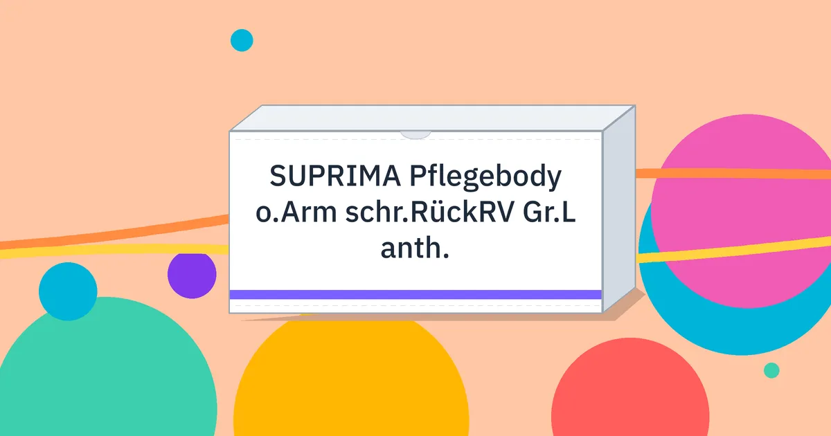Symbolbild: Packung mit der Aufschrift SUPRIMA Pflegebody o.Arm schr.RückRV Gr.L anth. (PZN 10710932) – Verfügbarkeit und Bezug in Apotheken in Frankfurt am Main