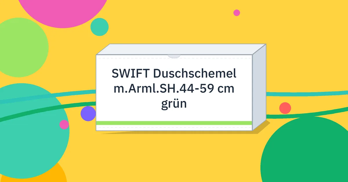 Symbolbild: Packung mit der Aufschrift SWIFT Duschschemel m.Arml.SH.44-59 cm grün (PZN 07743626) – Verfügbarkeit und Bezug in Apotheken in Frankfurt am Main