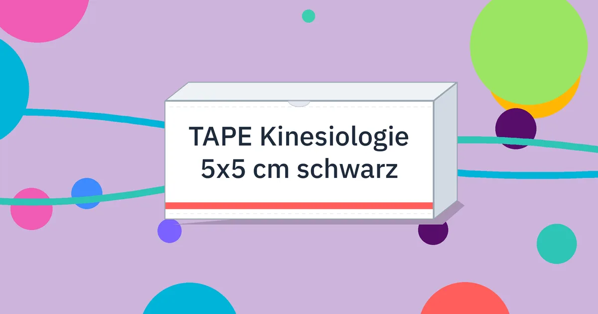 Symbolbild: Packung mit der Aufschrift TAPE Kinesiologie 5x5 cm schwarz (PZN 08761247) – Verfügbarkeit und Bezug in Apotheken in Frankfurt am Main