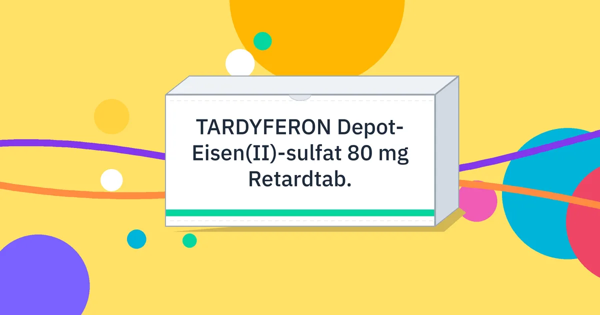 Symbolbild: Packung mit der Aufschrift TARDYFERON Depot-Eisen(II)-sulfat 80 mg Retardtab. (PZN 02494035) – Verfügbarkeit und Bezug in Apotheken in Frankfurt am Main