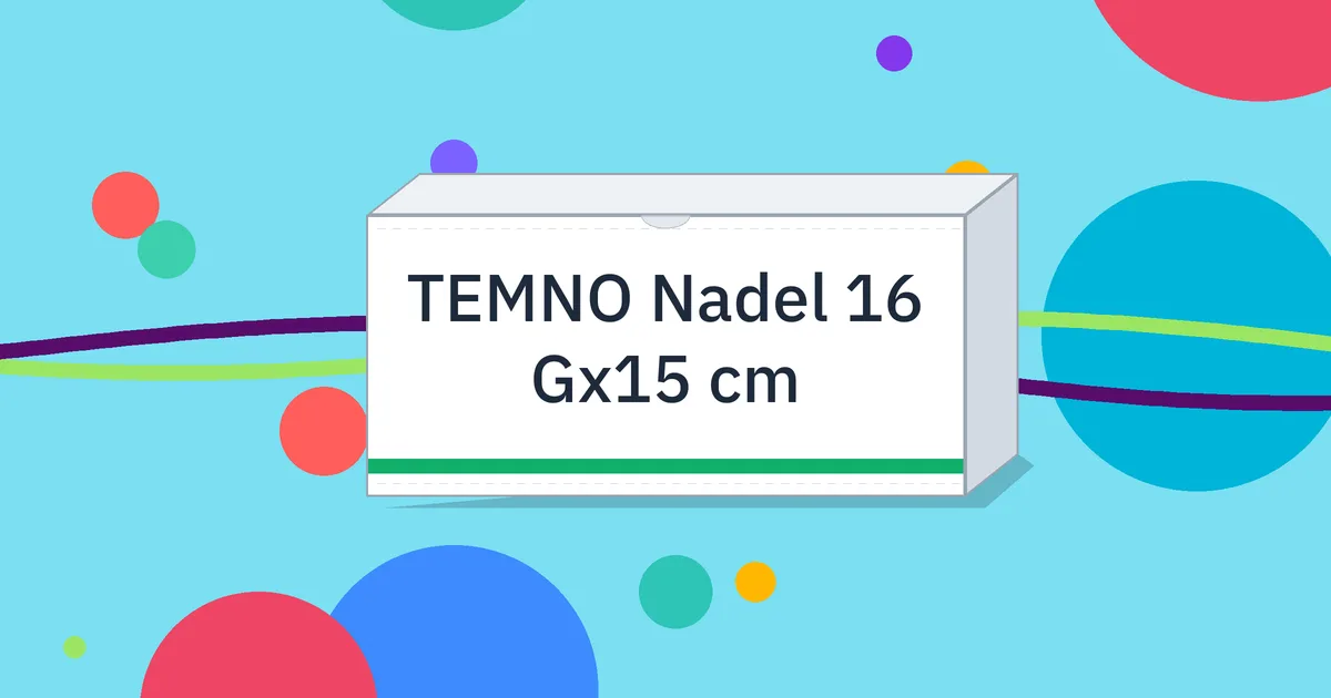 Symbolbild: Packung mit der Aufschrift TEMNO Nadel 16 Gx15 cm (PZN 18764608) – Verfügbarkeit und Bezug in Apotheken in Frankfurt am Main