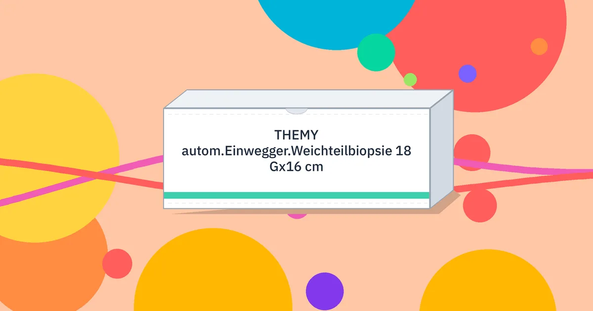 Symbolbild: Packung mit der Aufschrift THEMY autom.Einwegger.Weichteilbiopsie 18 Gx16 cm (PZN 19737453) – Verfügbarkeit und Bezug in Apotheken in Frankfurt am Main