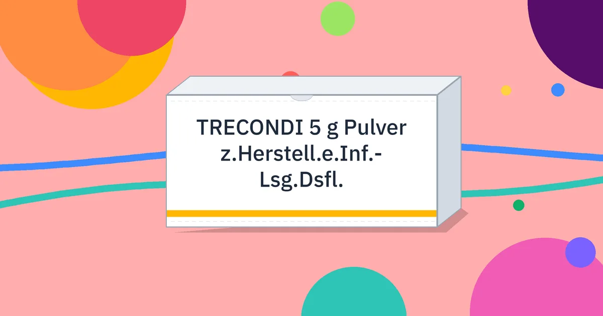 Symbolbild: Packung mit der Aufschrift TRECONDI 5 g Pulver z.Herstell.e.Inf.-Lsg.Dsfl. (PZN 14441920) – Verfügbarkeit und Bezug in Apotheken in Frankfurt am Main