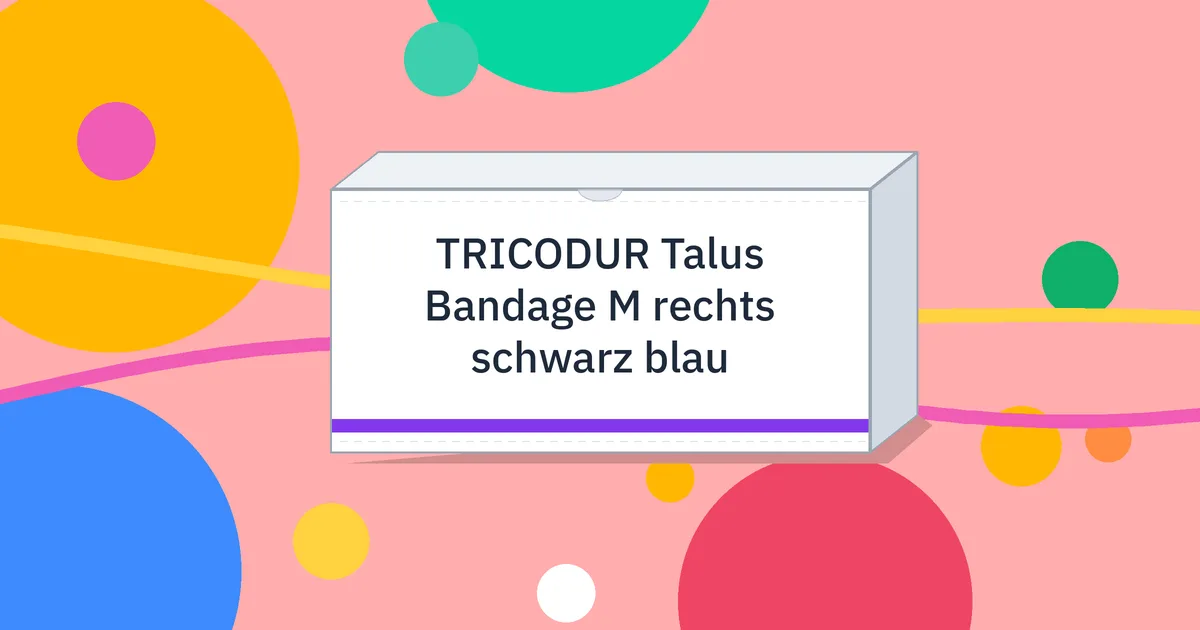 Symbolbild: Packung mit der Aufschrift TRICODUR Talus Bandage M rechts schwarz blau (PZN 03094585) – Verfügbarkeit und Bezug in Apotheken in Frankfurt am Main