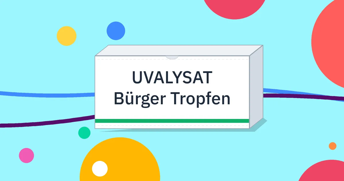 Symbolbild: Packung mit der Aufschrift UVALYSAT Bürger Tropfen (PZN 06715409) – Verfügbarkeit und Bezug in Apotheken in Frankfurt am Main