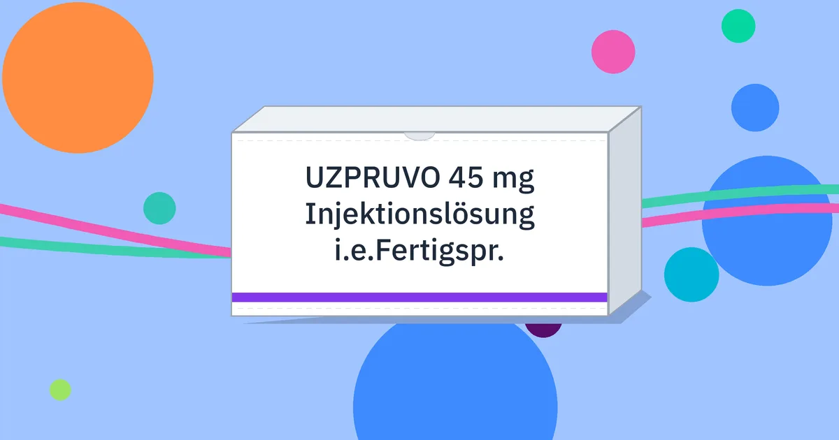 Symbolbild: Packung mit der Aufschrift UZPRUVO 45 mg Injektionslösung i.e.Fertigspr. (PZN 19657978) – Verfügbarkeit und Bezug in Apotheken in Frankfurt am Main