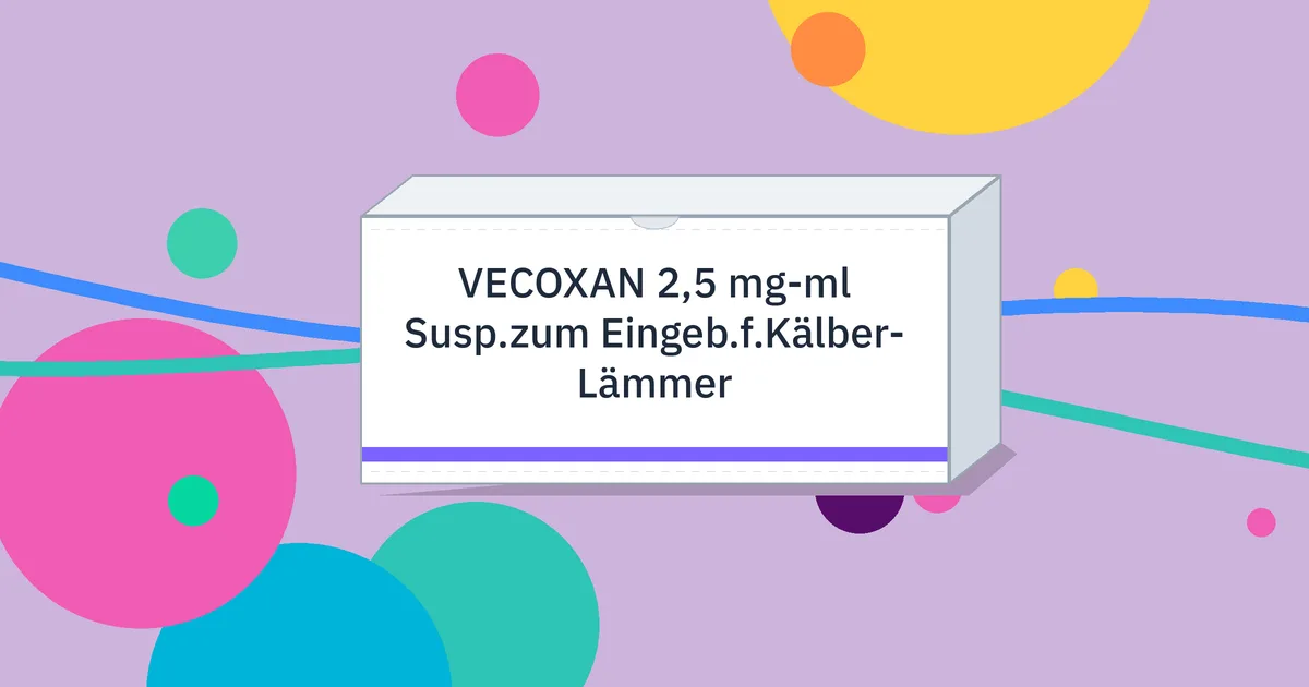 Symbolbild: Packung mit der Aufschrift VECOXAN 2,5 mg-ml Susp.zum Eingeb.f.Kälber-Lämmer (PZN 16890355) – Verfügbarkeit und Bezug in Apotheken in Frankfurt am Main