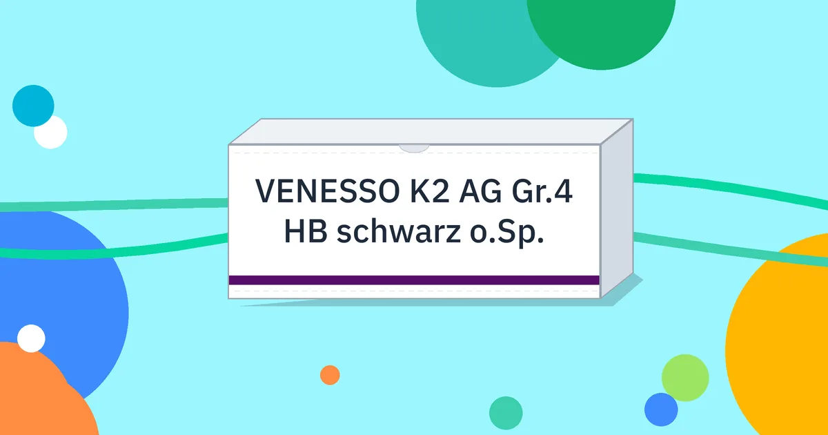 Symbolbild: Packung mit der Aufschrift VENESSO K2 AG Gr.4 HB schwarz o.Sp. (PZN 03265756) – Verfügbarkeit und Bezug in Apotheken in Frankfurt am Main
