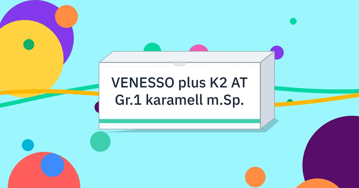 Symbolbild: Packung mit der Aufschrift VENESSO plus K2 AT Gr.1 karamell m.Sp. (PZN 13758543) – Verfügbarkeit und Bezug in Apotheken in Frankfurt am Main