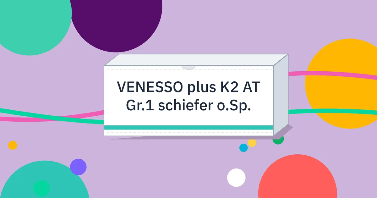 Symbolbild: Packung mit der Aufschrift VENESSO plus K2 AT Gr.1 schiefer o.Sp. (PZN 03288504) – Verfügbarkeit und Bezug in Apotheken in Frankfurt am Main