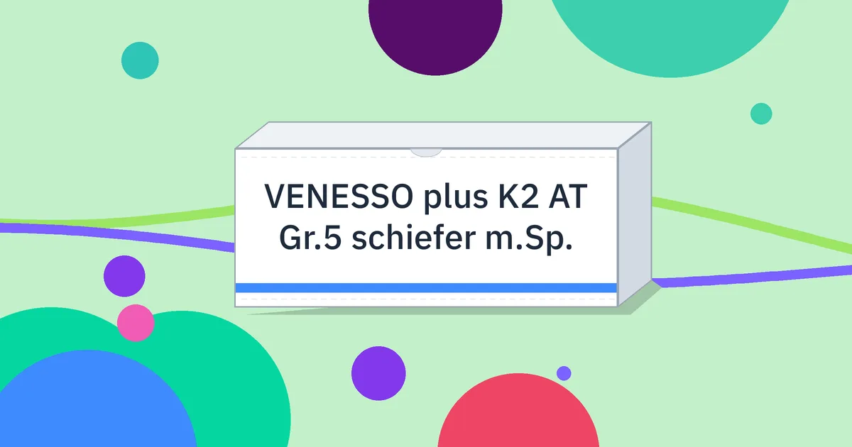 Symbolbild: Packung mit der Aufschrift VENESSO plus K2 AT Gr.5 schiefer m.Sp. (PZN 03286882) – Verfügbarkeit und Bezug in Apotheken in Frankfurt am Main
