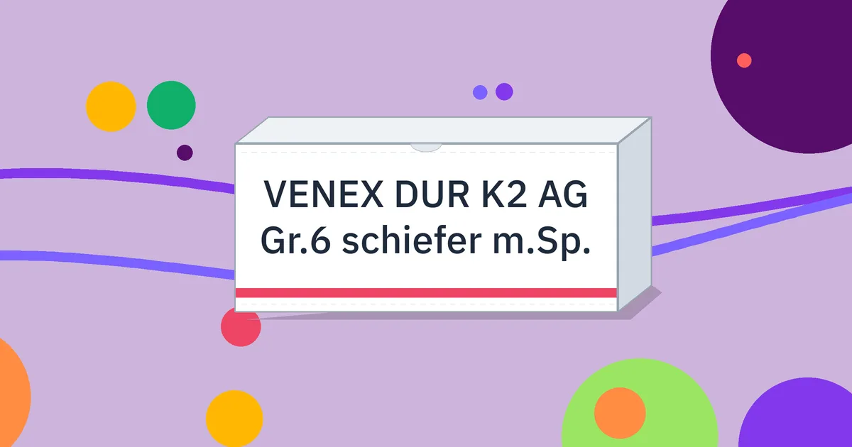 Symbolbild: Packung mit der Aufschrift VENEX DUR K2 AG Gr.6 schiefer m.Sp. (PZN 03213883) – Verfügbarkeit und Bezug in Apotheken in Frankfurt am Main