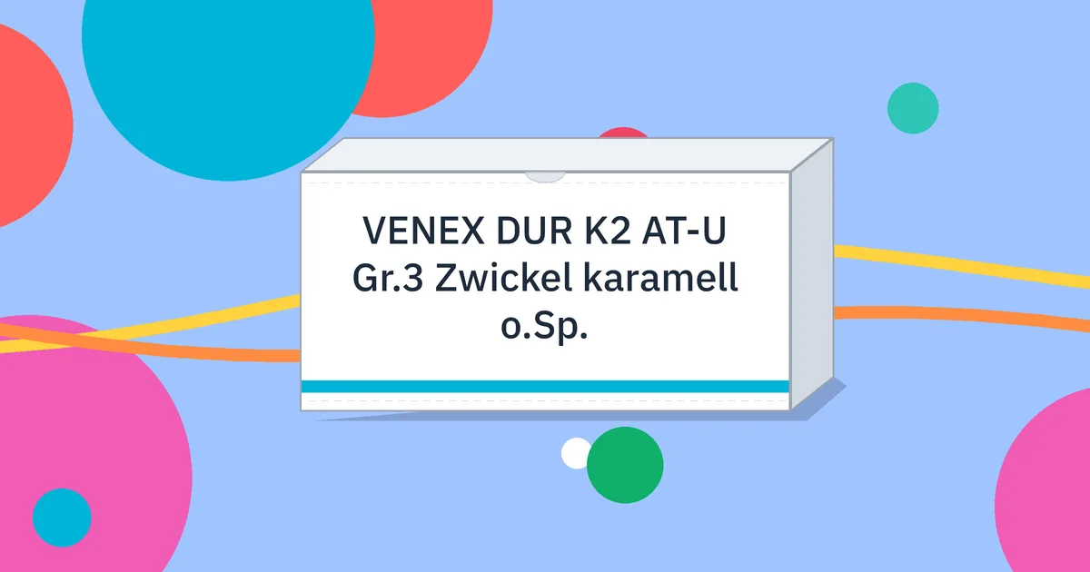Symbolbild: Packung mit der Aufschrift VENEX DUR K2 AT-U Gr.3 Zwickel karamell o.Sp. (PZN 13759577) – Verfügbarkeit und Bezug in Apotheken in Frankfurt am Main