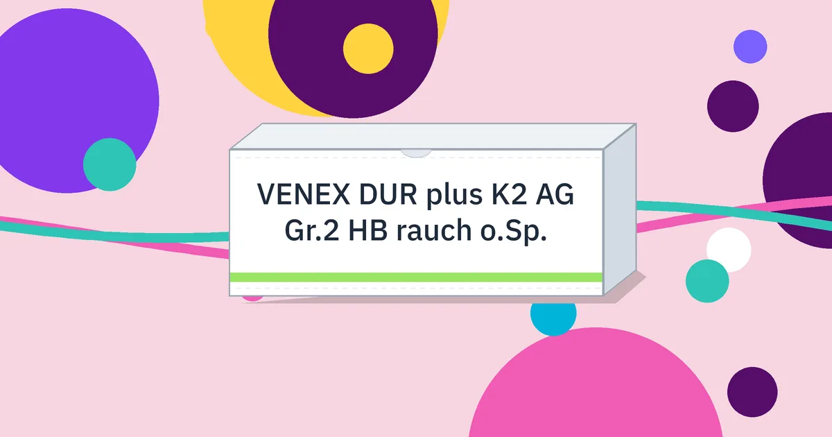 Symbolbild: Packung mit der Aufschrift VENEX DUR plus K2 AG Gr.2 HB rauch o.Sp. (PZN 03236766) – Verfügbarkeit und Bezug in Apotheken in Frankfurt am Main