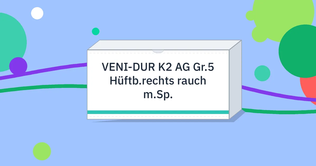 Symbolbild: Packung mit der Aufschrift VENI-DUR K2 AG Gr.5 Hüftb.rechts rauch m.Sp. (PZN 03248870) – Verfügbarkeit und Bezug in Apotheken in Frankfurt am Main