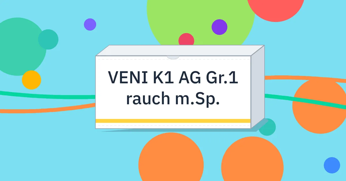 Symbolbild: Packung mit der Aufschrift VENI K1 AG Gr.1 rauch m.Sp. (PZN 08677222) – Verfügbarkeit und Bezug in Apotheken in Frankfurt am Main