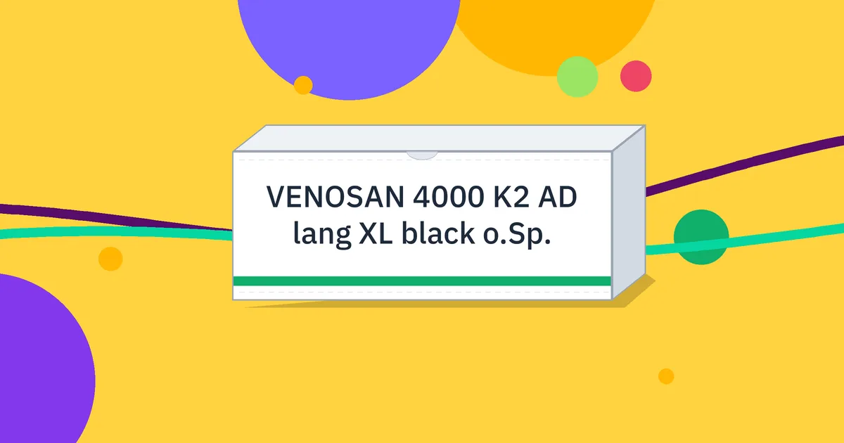 Symbolbild: Packung mit der Aufschrift VENOSAN 4000 K2 AD lang XL black o.Sp. (PZN 14427156) – Verfügbarkeit und Bezug in Apotheken in Frankfurt am Main