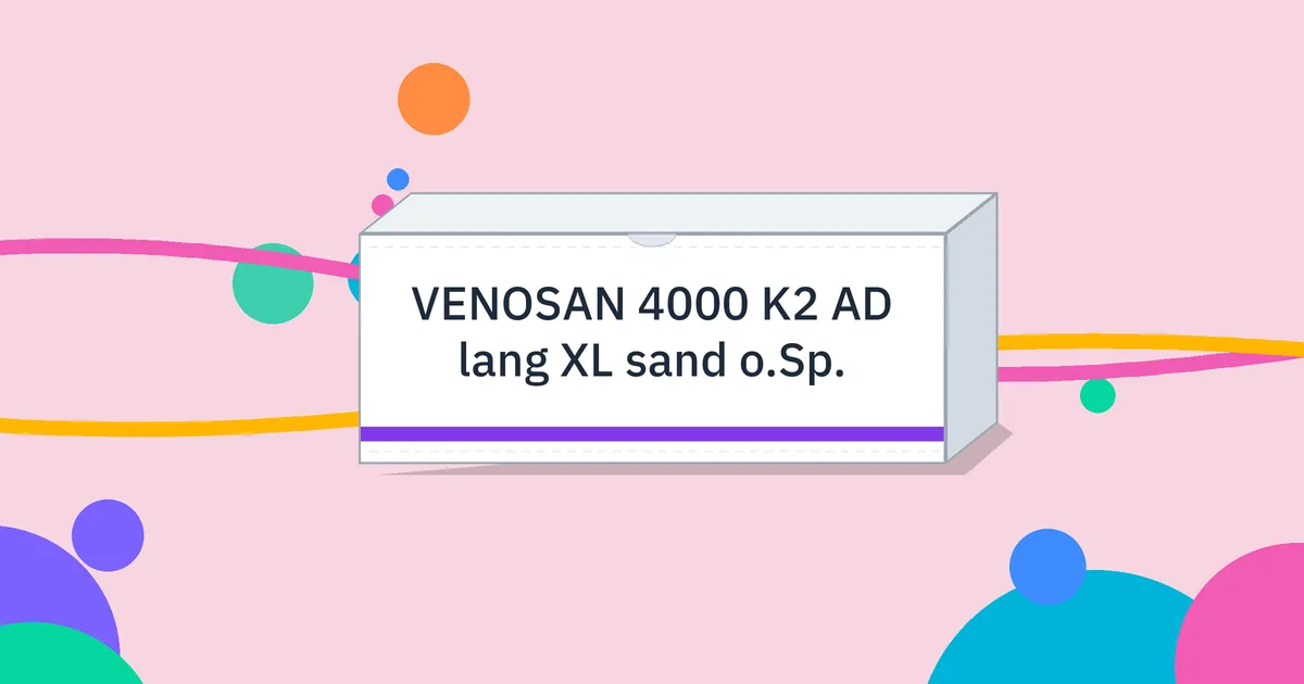 Symbolbild: Packung mit der Aufschrift VENOSAN 4000 K2 AD lang XL sand o.Sp. (PZN 14422354) – Verfügbarkeit und Bezug in Apotheken in Frankfurt am Main