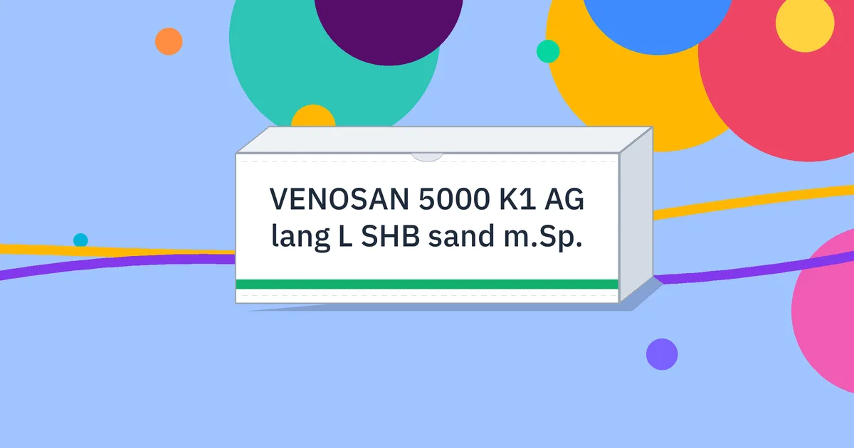 Symbolbild: Packung mit der Aufschrift VENOSAN 5000 K1 AG lang L SHB sand m.Sp. (PZN 14428322) – Verfügbarkeit und Bezug in Apotheken in Frankfurt am Main