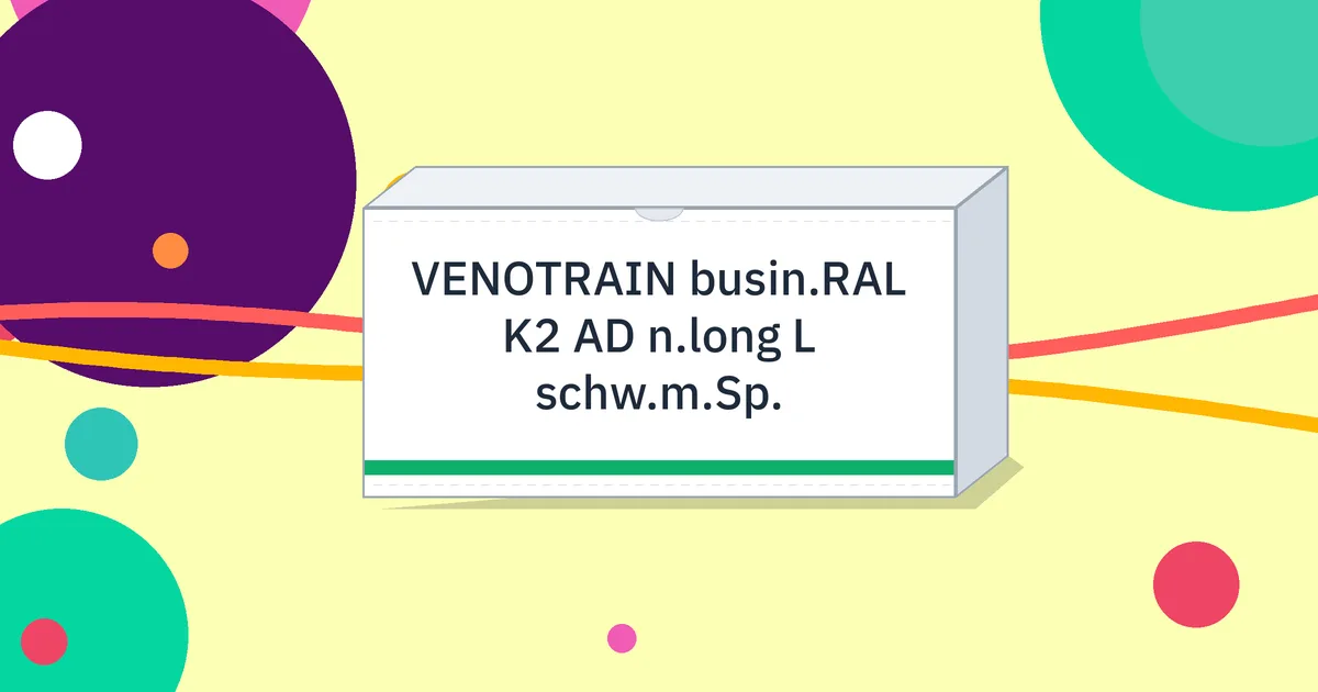 Symbolbild: Packung mit der Aufschrift VENOTRAIN busin.RAL K2 AD n.long L schw.m.Sp. (PZN 06949567) – Verfügbarkeit und Bezug in Apotheken in Frankfurt am Main