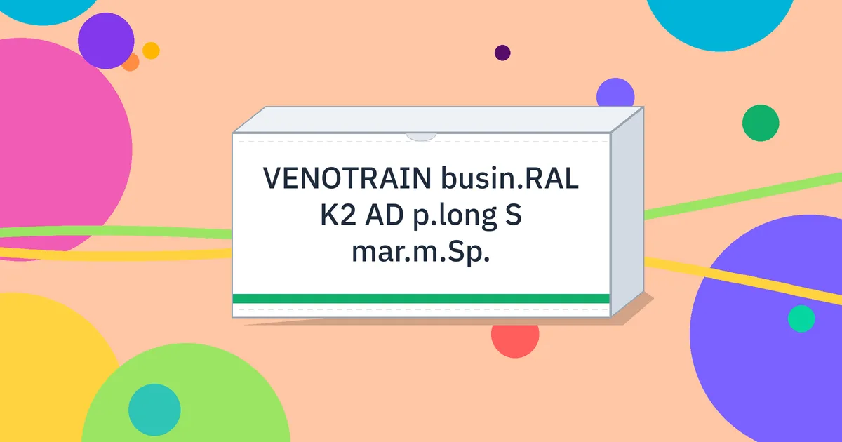 Symbolbild: Packung mit der Aufschrift VENOTRAIN busin.RAL K2 AD p.long S mar.m.Sp. (PZN 06949277) – Verfügbarkeit und Bezug in Apotheken in Frankfurt am Main