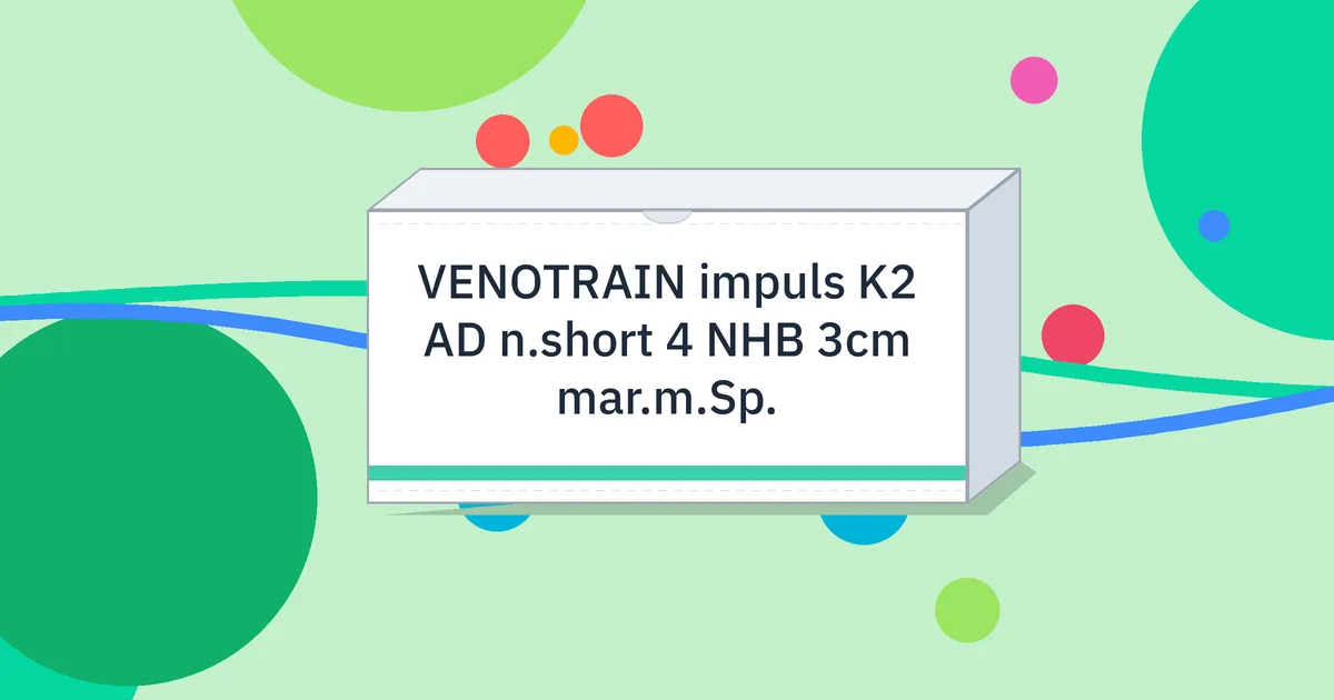 Symbolbild: Packung mit der Aufschrift VENOTRAIN impuls K2 AD n.short 4 NHB 3cm mar.m.Sp. (PZN 15223444) – Verfügbarkeit und Bezug in Apotheken in Frankfurt am Main