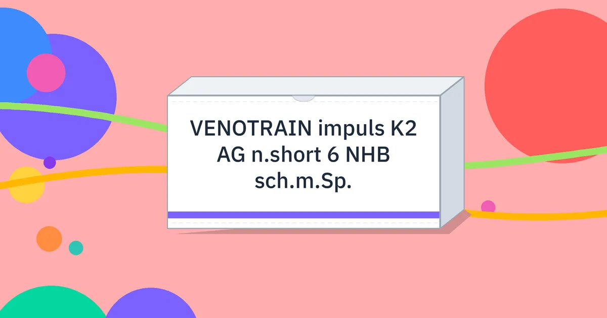 Symbolbild: Packung mit der Aufschrift VENOTRAIN impuls K2 AG n.short 6 NHB sch.m.Sp. (PZN 00506946) – Verfügbarkeit und Bezug in Apotheken in Frankfurt am Main