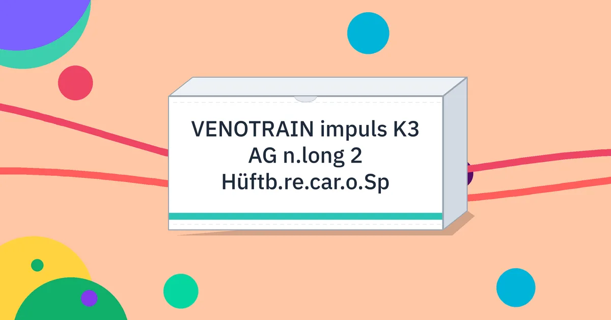 Symbolbild: Packung mit der Aufschrift VENOTRAIN impuls K3 AG n.long 2 Hüftb.re.car.o.Sp (PZN 08422829) – Verfügbarkeit und Bezug in Apotheken in Frankfurt am Main
