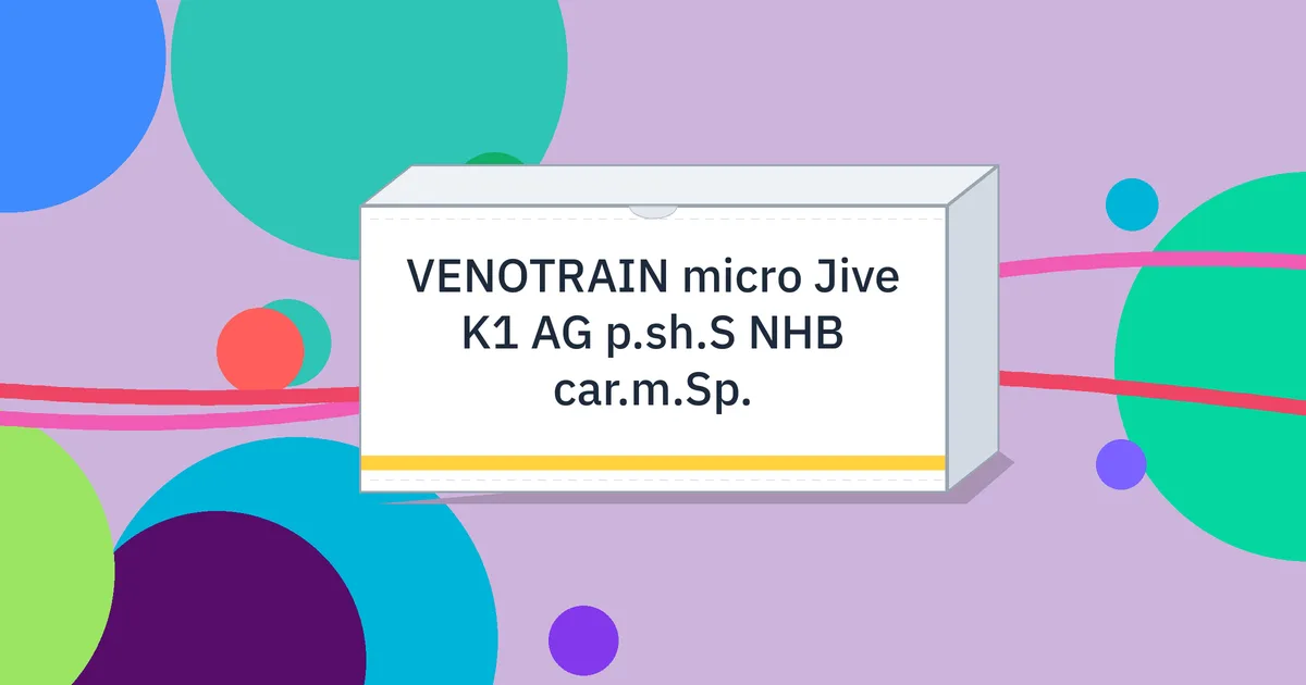 Symbolbild: Packung mit der Aufschrift VENOTRAIN micro Jive K1 AG p.sh.S NHB car.m.Sp. (PZN 17764196) – Verfügbarkeit und Bezug in Apotheken in Frankfurt am Main