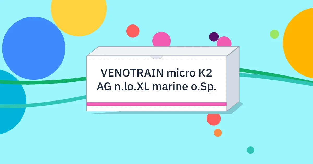 Symbolbild: Packung mit der Aufschrift VENOTRAIN micro K2 AG n.lo.XL marine o.Sp. (PZN 04370136) – Verfügbarkeit und Bezug in Apotheken in Frankfurt am Main