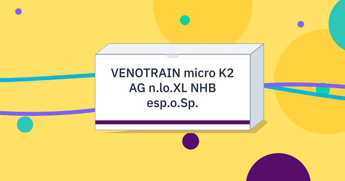 Symbolbild: Packung mit der Aufschrift VENOTRAIN micro K2 AG n.lo.XL NHB esp.o.Sp. (PZN 05717027) – Verfügbarkeit und Bezug in Apotheken in Frankfurt am Main