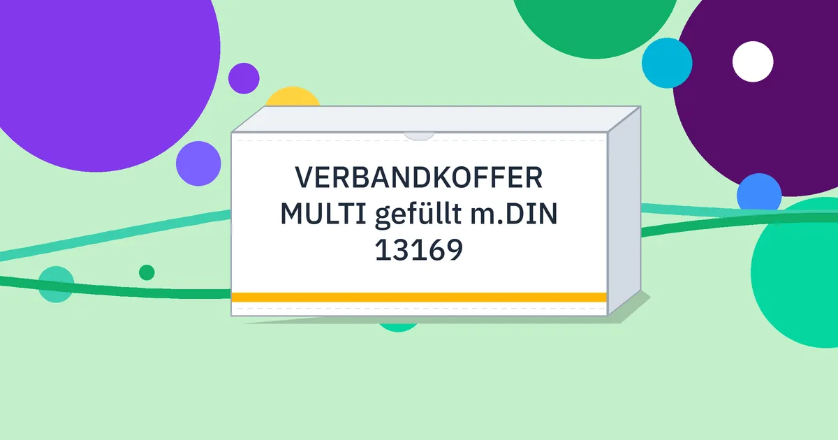 Symbolbild: Packung mit der Aufschrift VERBANDKOFFER MULTI gefüllt m.DIN 13169 (PZN 20581387) – Verfügbarkeit und Bezug in Apotheken in Frankfurt am Main